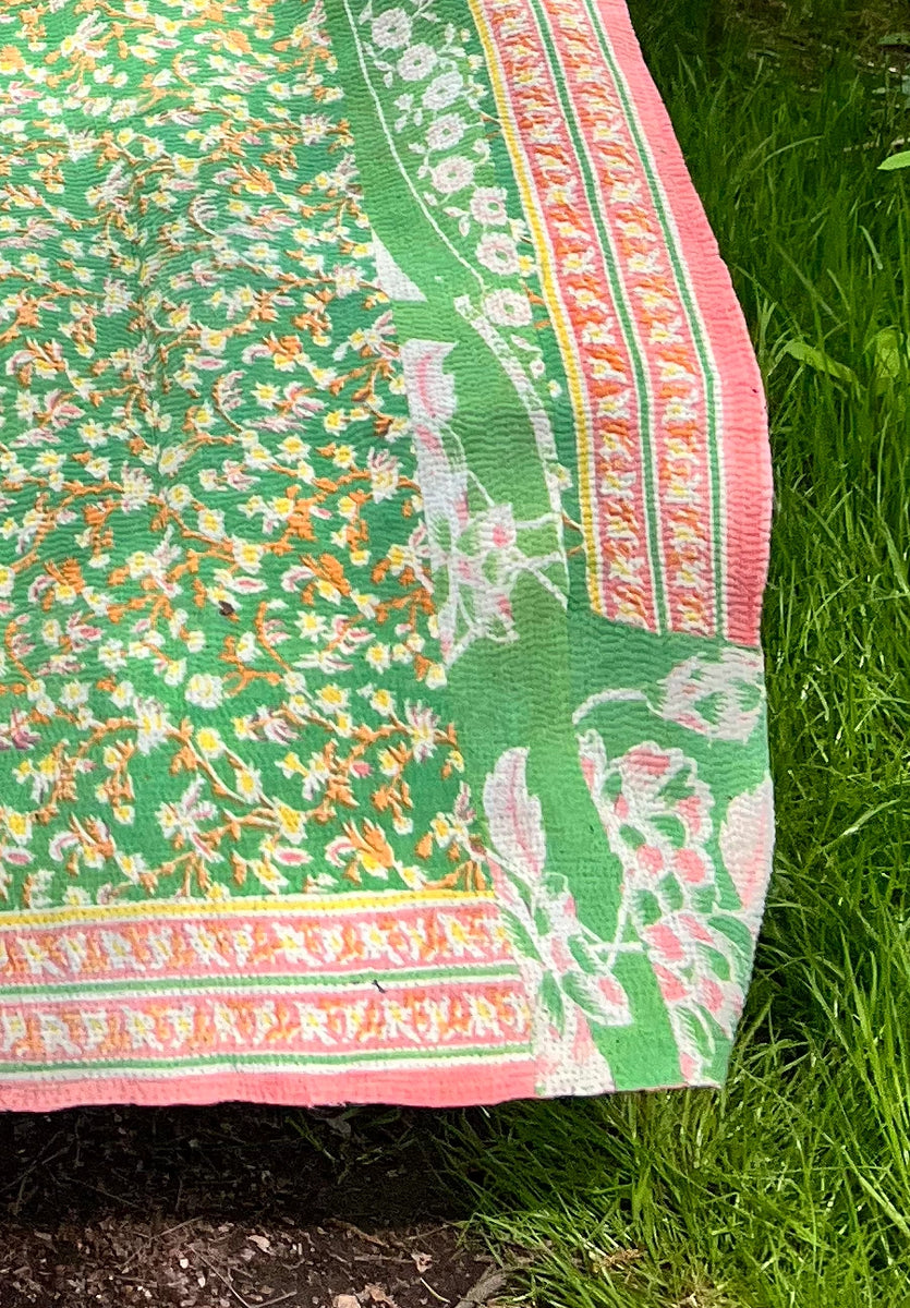 Green Embroidered Kantha Quilt – Spindle by Sisters