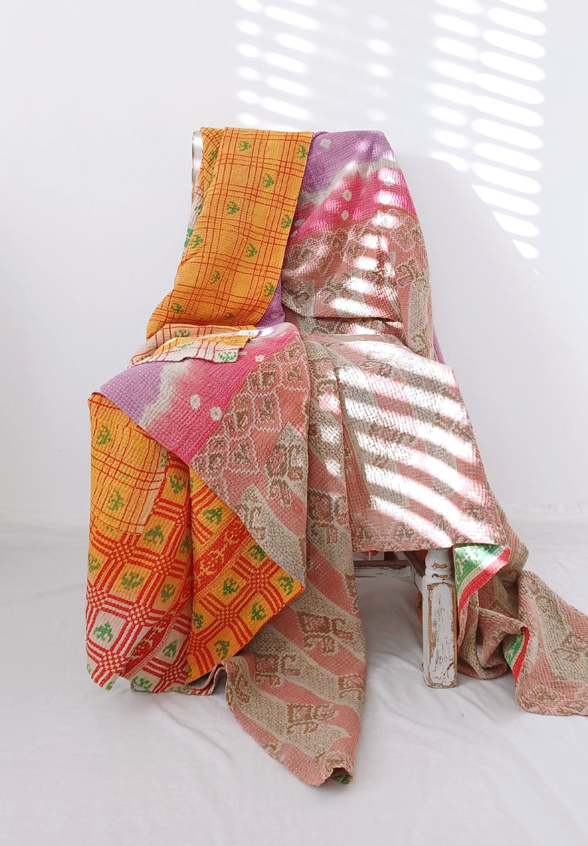 Orange and Lilac Patchwork Kantha Quilt – Spindle by Sisters